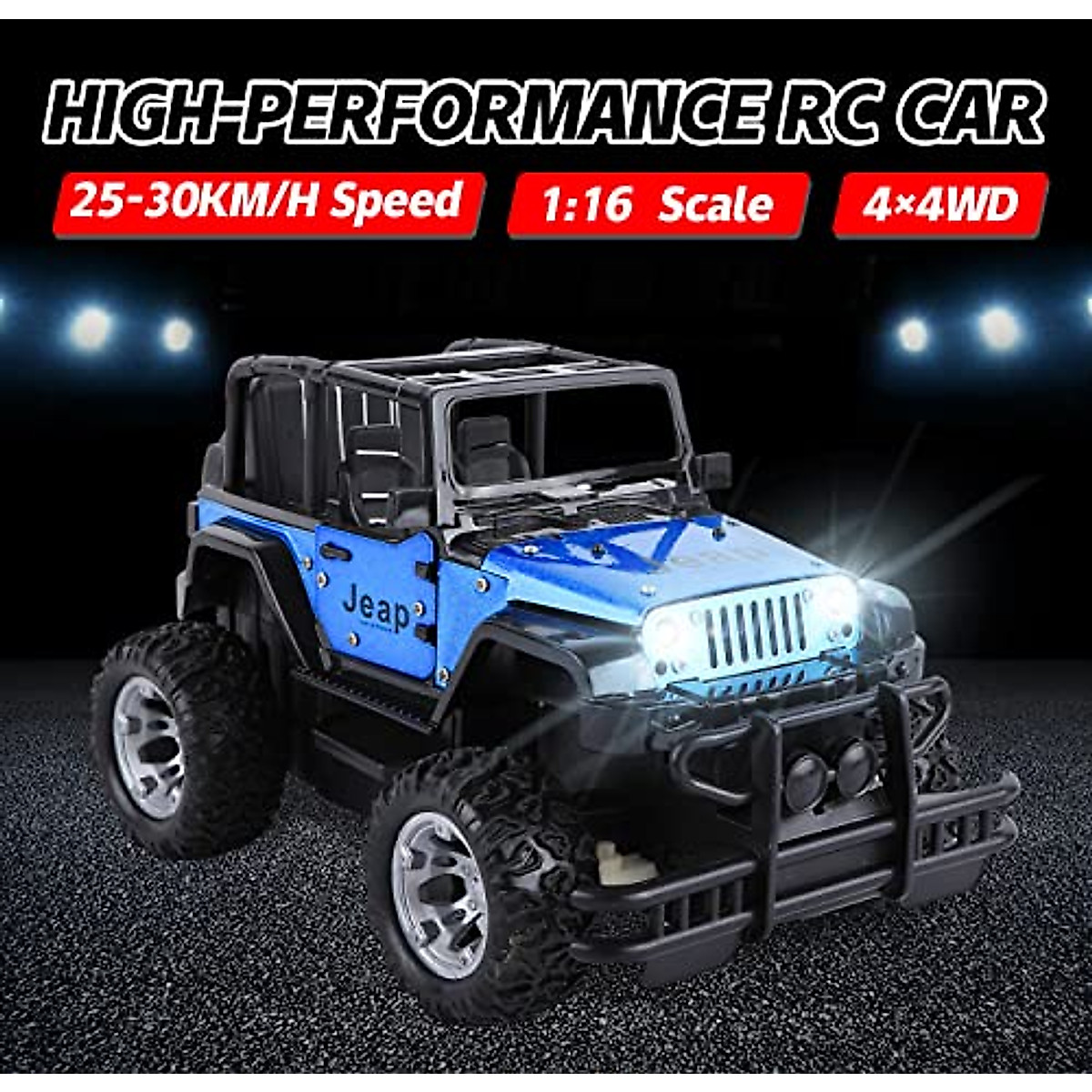 onthego RC Truck Jeep, 4WD Off-Road Remote Control Car SUV with Light, Metal Racing Vehicle Toy Car with Spring Suspension/Door Open/Storage Case for Kids Boys(Blue)