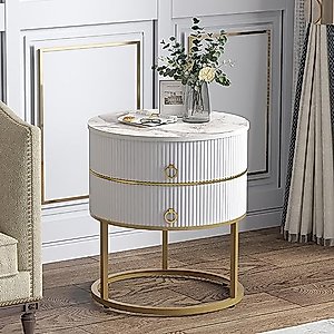 O&K FURNITURE Marble End Table with Storage, Round Nightstand with Drawer, White and Gold Side Table Metal Legs for Bedroom Living Room, Bedside Table Furniture, Marbling Natural Stone