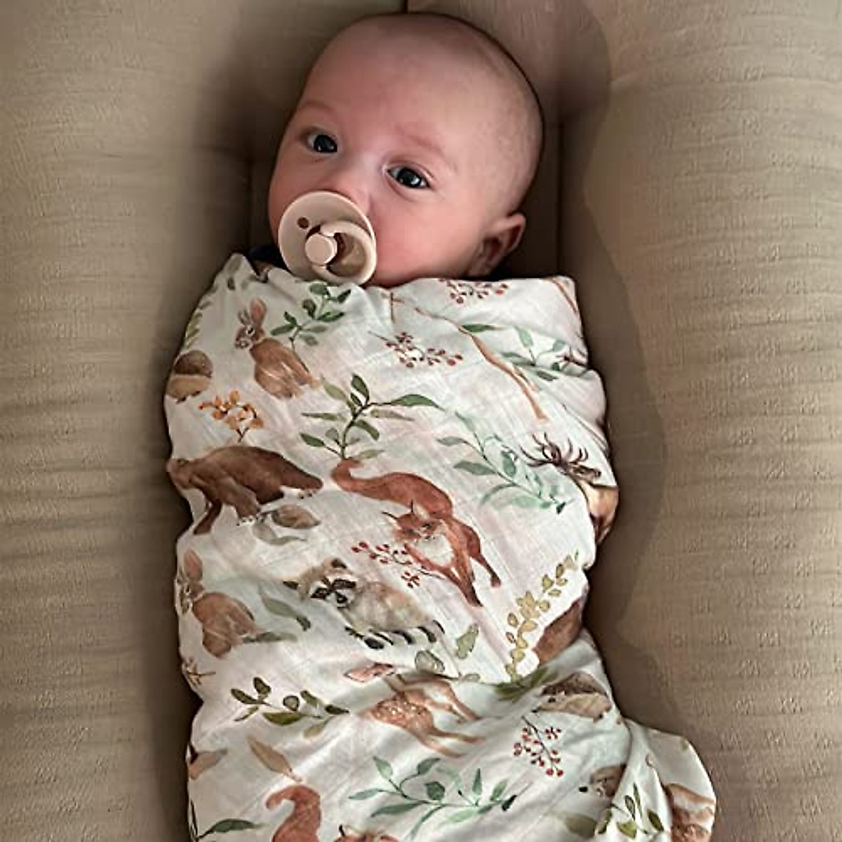 LifeTree Muslin Swaddle Blankets Neutral, Woodland Baby Swaddling Wrap Nursery Receiving Blanket for Boys & Girls Unisex, Soft Bamboo Cotton, Large 47 x 47 inches