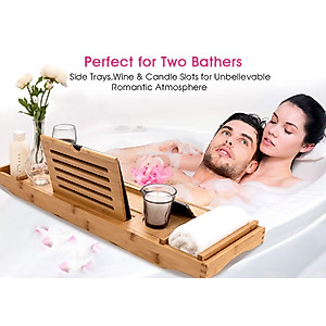 HBlife Bamboo Bathtub Caddy Tray with Extending Sides & Laptop Desk with Foldable Legs,Cellphone Tray and Wineglass Holder，Free Soap Holder (Natural)
