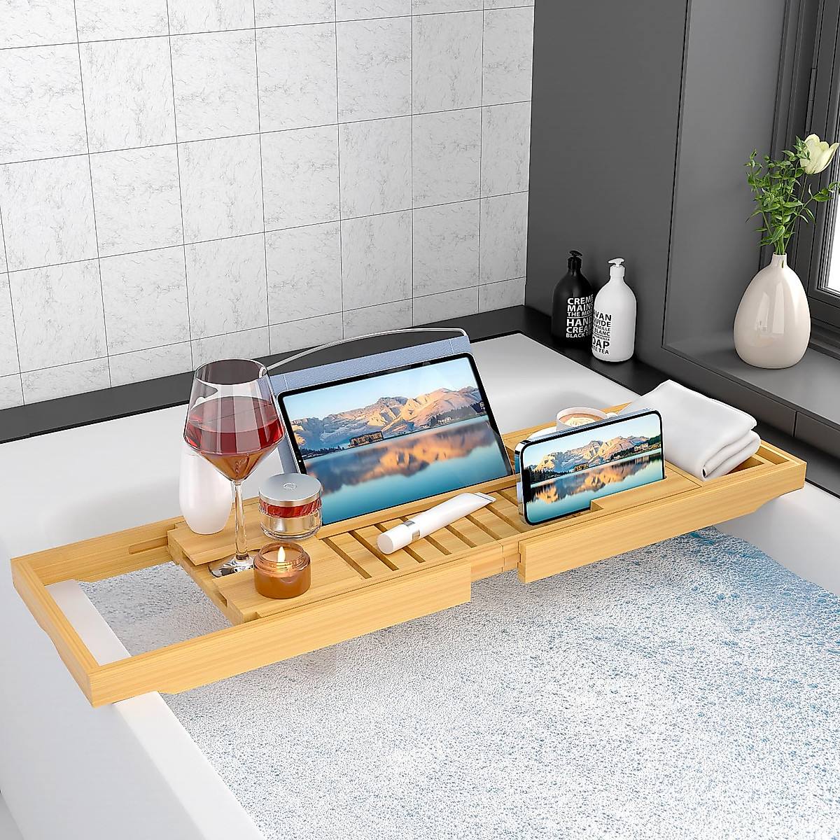 Sen Yi Bao Luxury Bathtub Caddy Tray，Bamboo Bathtub Tray Caddy - Wood Bath Tray Expandable，Can be Placed Book and Integrated Tablet Smartphone and Wine Holder - Gift Idea for Loved Ones