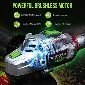 WORKPRO Cordless Angle Grinder, 20V Brushless Grinder with 4.0Ah Battery and Fast Charger, 4-1/2 Inch Dics, 8500RPM Brushless Motor Electric Grinder Power Tools for Metal and Wood
