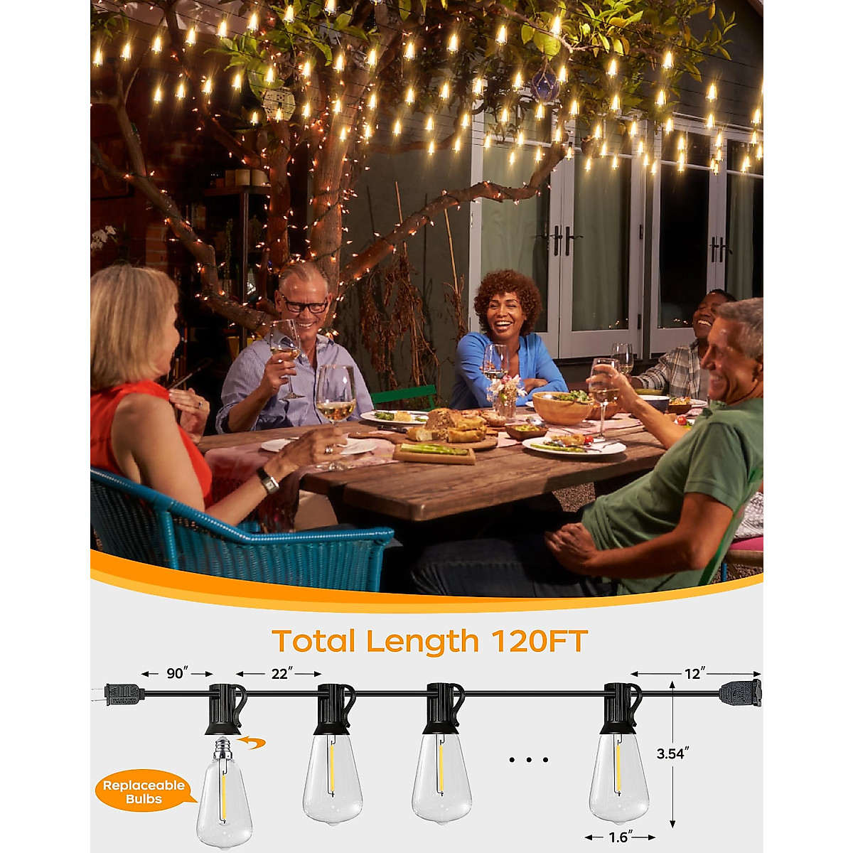PARTPHONER 120FT Outdoor String Lights - Dimmable & Waterproof