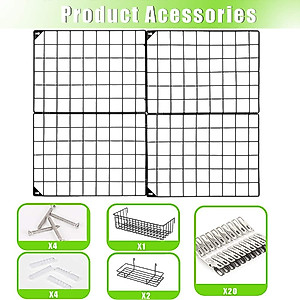 NEX Wall Grid Panel with Grid Baskets, Wire Wall Grid, Photo Picture Display, Memo Board, Wall DIY Decor Storage Organizer, 32.68'' x 23.82''