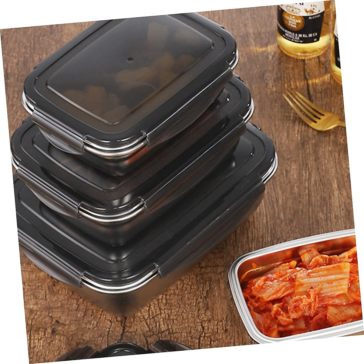 Mikinona Stainless Steel Food Storage Container with Lid Black for Fruits and Vegetables Refrigerator Storage Box and Stylish Design