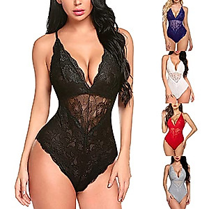 Qopobobo Sexy Lengerie for Women Naughty Women One Piece Deep V Lingerie Teddy Sexy Lace Bodysuit Hollow Halter Sleepwear Red