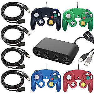 4 Controllers for Gamecube with 4 Extension Cables and 4-Port USB Adapter for Switch PC Wii U Console (Black+Blue+Red+Green)