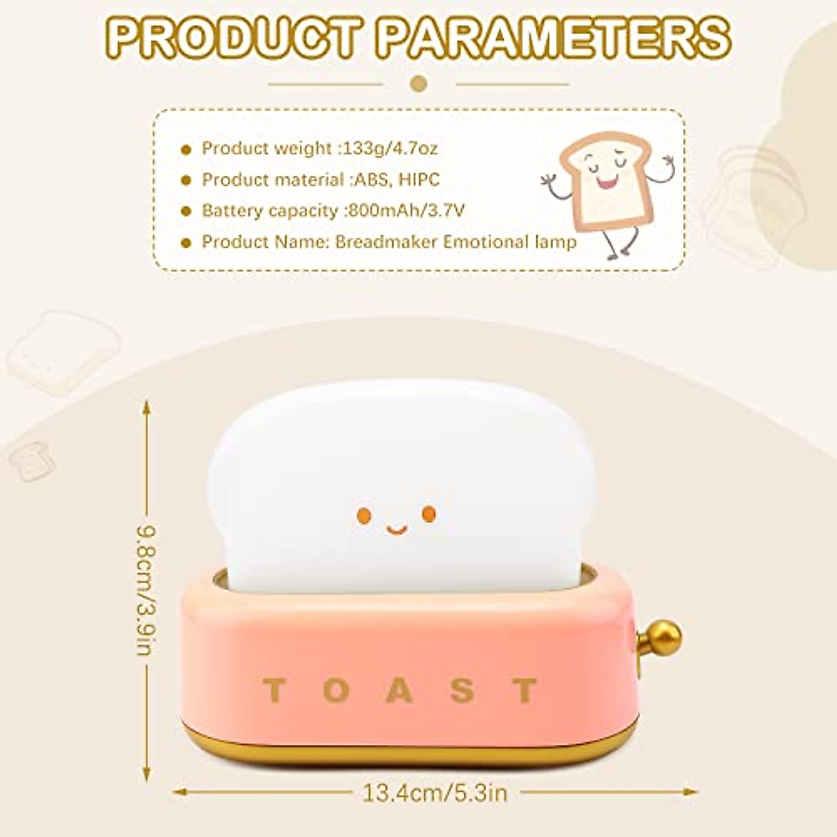 Decor Toaster Night Light Lamp Rechargeable Small Lamps with Smile Face Cute Toast Bread Shape Decor Night Lights for Kids Baby Nursery Pink