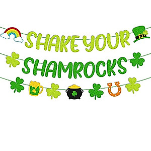St Patrick Day Banner Shake Your Shamrocks Banner Happy St Patrick Party Garland Decoration Glitter Green Three Leaf Clover Shamrocks Garland for Irish Day Birthday Baby Shower Engagement Bridal Shower Bachelorette Party Anniversary Celebration Supplies