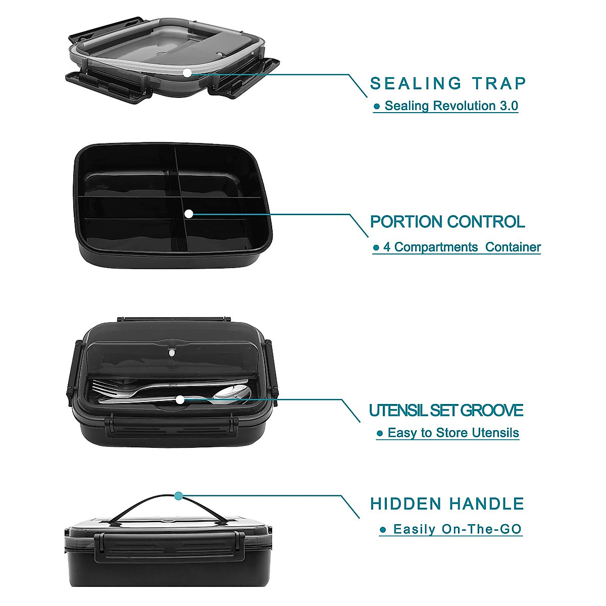 MINCOCO Bento Lunch Box Leak-proof Eco-Friendly Bento Box Food Storage Containers with Sauce Jar and Stainless Spoon&Fork for Adults Women Men Kids