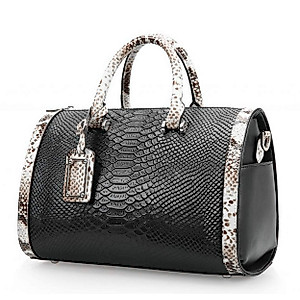 Mn&Sue Women Satchel Crocodile Cobra Pattern Top Handle Purse Cross Body Doctor Handbag (Black-)