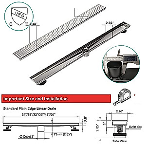 USHOWER 48 Inch Long Linear Shower Drain with Removable Square Pattern Grate, SUS304 Stainless Steel, Includes Hair Strainer, Brushed Nickel