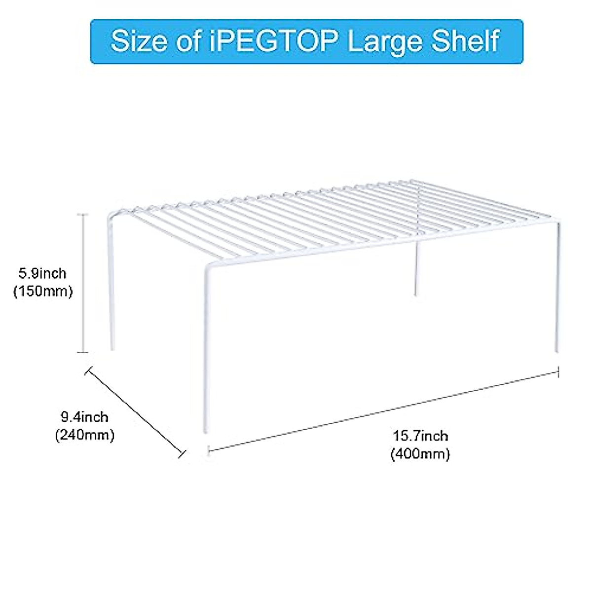 iPEGTOP Set of 4 Large (15.7 x 9.4 Inch) Kitchen Cupboard Organiser, Freezer Cabinet Storage Shelf Wire Rack, Rustproof Steel Shelves for Fridge Pantries Countertops Utensils -White