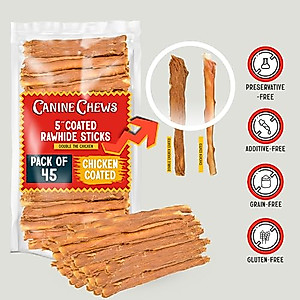 Canine Chews 5" Double Chicken Coated Dog Chew Sticks - 100% USA Chicken Coated Chew Sticks for Dogs - Dog Chicken Treats Rawhide Bones for Small Dogs & Medium Dogs - Chicken Wrapped Dog Treats (45pk)