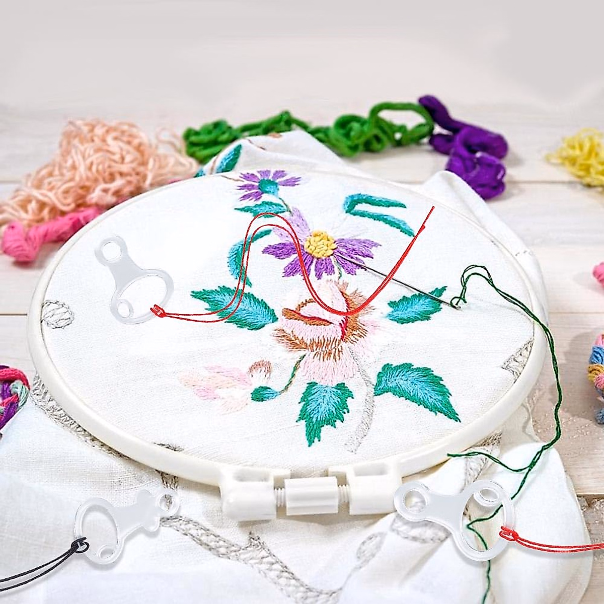 CRASPIRE 40Pcs 2 Size Acrylic Floss Bobbins Clear Embroidery Thread Transparent Drops Key Shape Cross Stitch Chips Sewing Board Organizers with Box for Craft DIY Storage