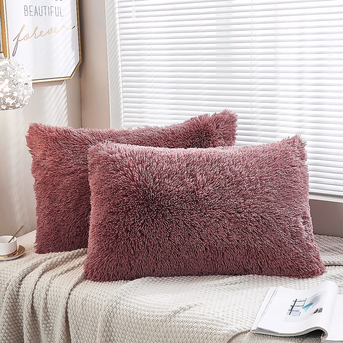 JAUXIO Long Faux Fur Soft Soild Decorative Pillowcase Fluffy Throw Pillow Cover Velvet Shaggy Plush Cushion Case Set of 2 Zipper Closure Queen Size (Dusty Rose, 20"X26")