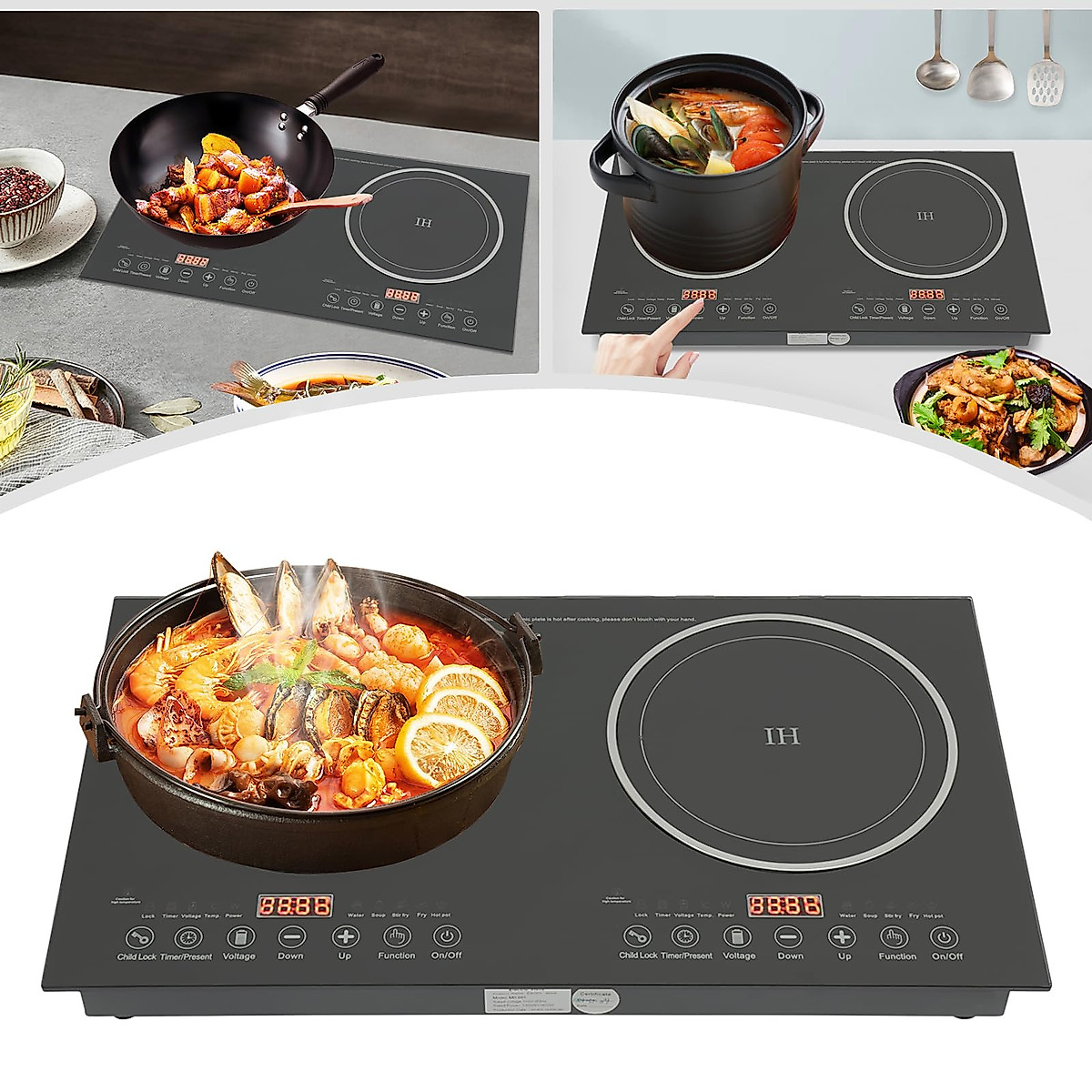 Electric Induction Ceramic Cooker,Countertop 2 Burner Cooktop Portable Cooker,2 Burners Induction Cooktop Electric Hob Cook for Camping,RV (1200W Induction Cooker+ 1200W Super Power)