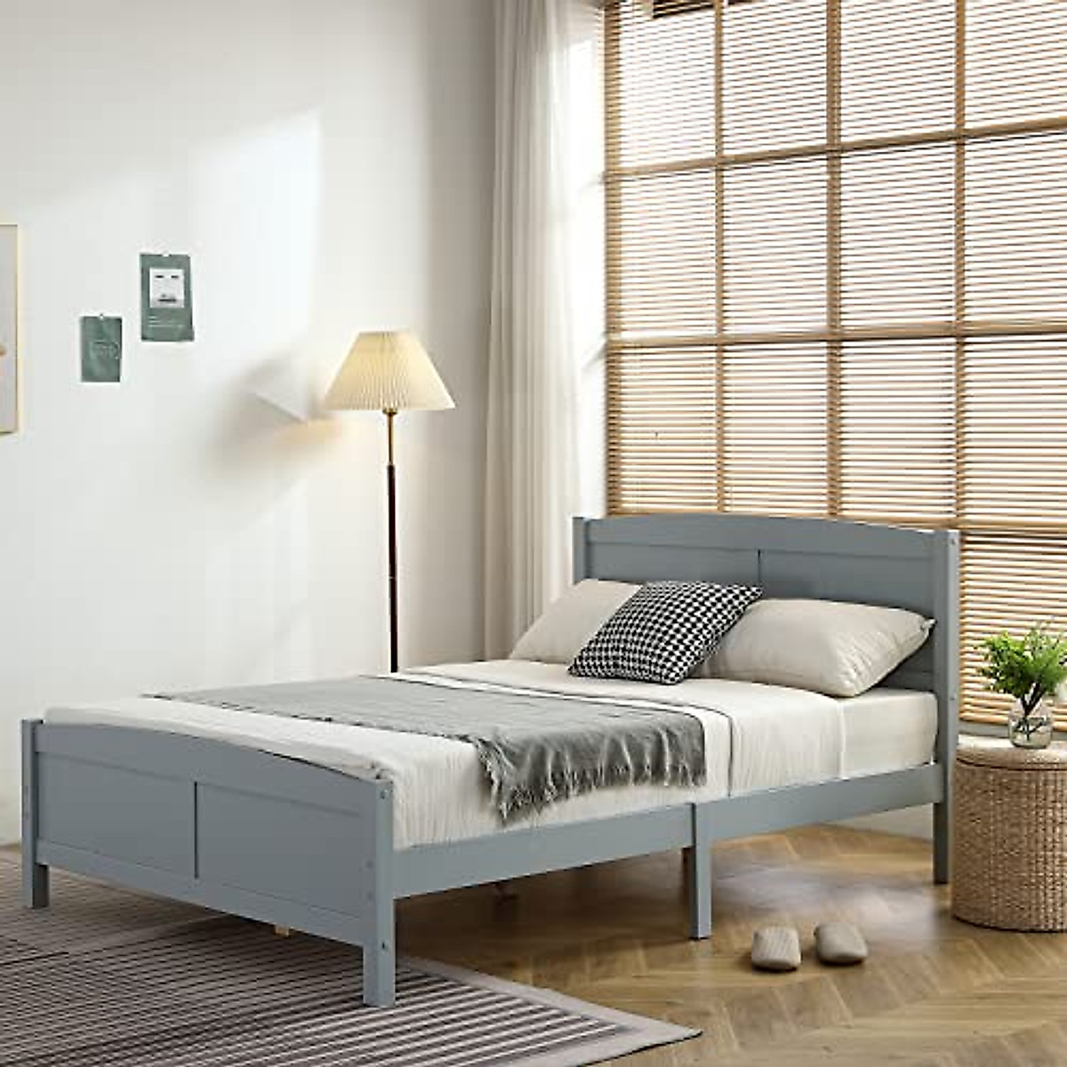 nycsuoani Full Bed Frame No Box Spring Needed Full Pine Single-Layer Core Vertical Stripe Full-Board Curved Bed Head with The Same Bed Foot Wooden Bed 77.8 x 56.5 x 37.8 in. Gray
