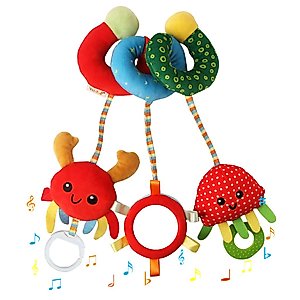 AIPINQI Infant Stroller Toy, Baby Car Seat Toys for Infant Baby Bed Stroller Toy Suitable Pram Crib Plush Toy for Boys Girls Spiral Activity Toy with Rattles and BB Squeaker,Strawberry