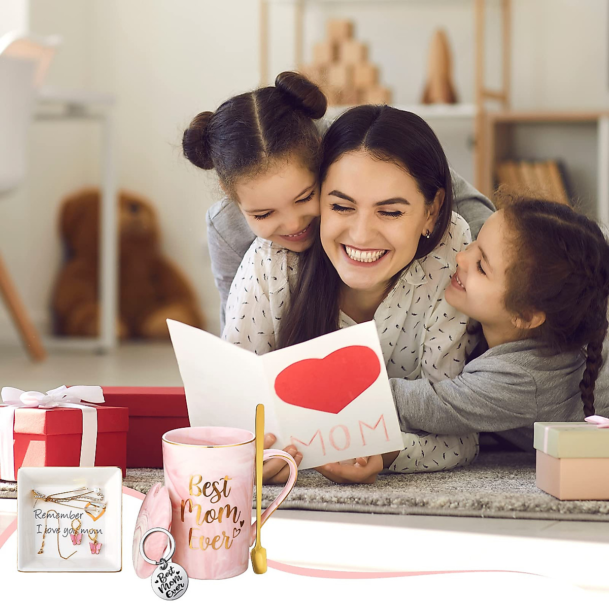 Nuanchu 3 Pcs Mother's Day Gifts for Mom Include Best Mom Ever Coffee Mug Remember I Love You Mom Ceramic Ring Dish Best Mom Ever Keychain for Mom from Daughter and Son