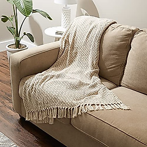 DII Modern Zig Zag Throw Blanket Woven Cotton, Hand-Knotted 2.5" Fringe, 50x60, Stone