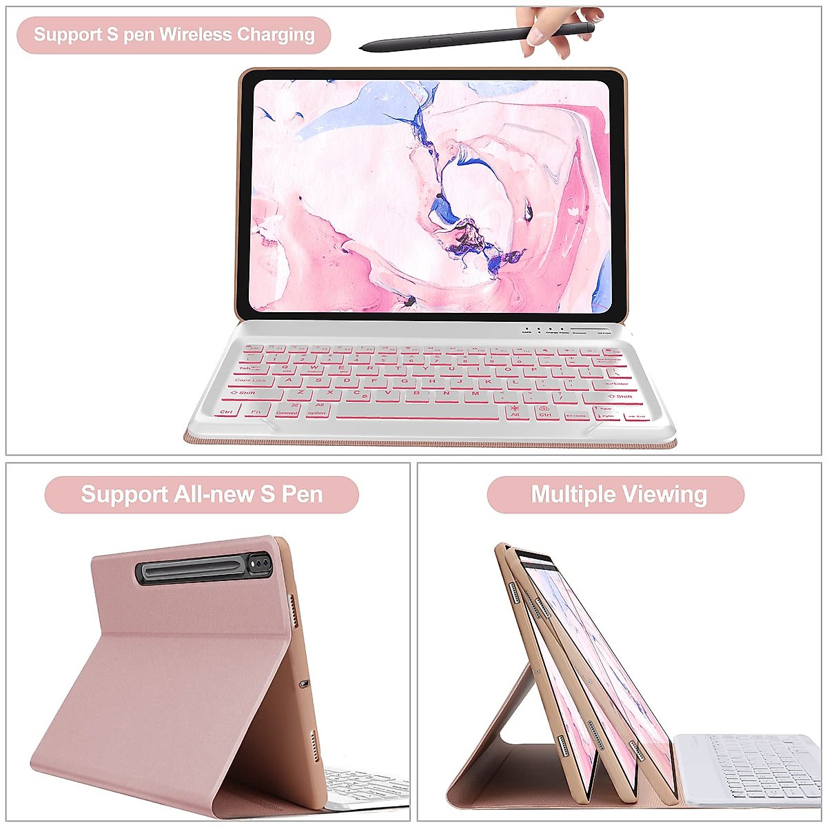 Keyboard Case for Samsung Galaxy Tab S7 FE/S8 Plus/S7 Plus 12.4 Inch, 7-Color Backlit, Smart Magnetic Detachable Wireless Bluetooth Keyboard, Slim Protective Cover with S Pen Holder, Auto Sleep/Wake