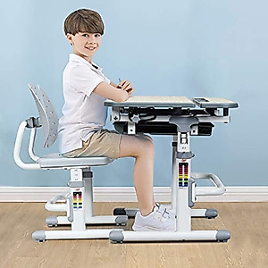 BABY JOY Kids Desk and Chair Set, Height Adjustable, Children Study Table with Tilted Desktop, Pull Out Spacious Storage Drawer, Student Writing Desk for Studying, Reading and Drawing (Gray)