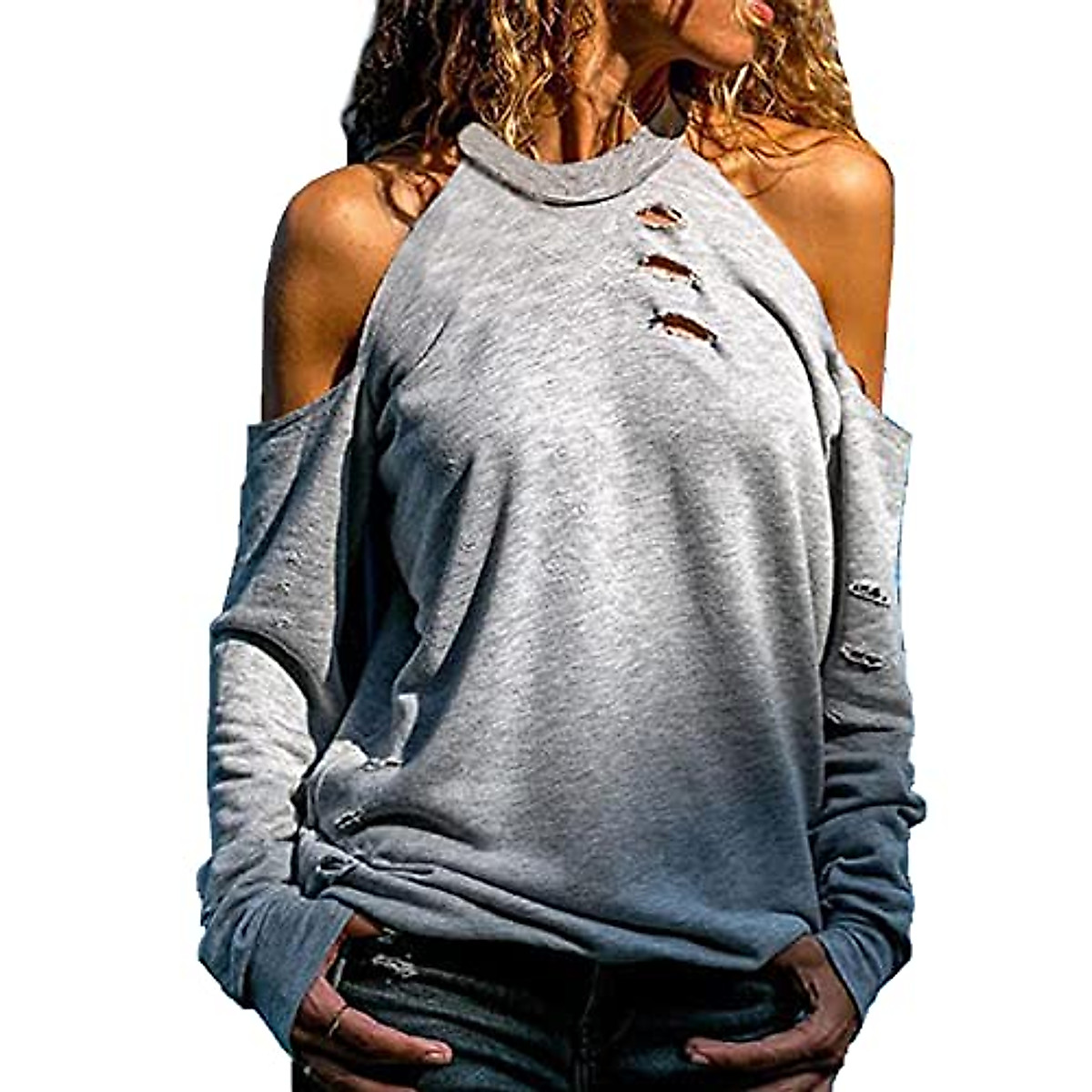 Dokotoo Fall Casual Cold Shoulder Tops for Women Hollowed Out Long Sleeve Sweatshirts T Shirt Women Open Shoulder Tops Sexy Halter Neck Top Pullover Tunic Blouses 2023 Fashion Gray XX-Large