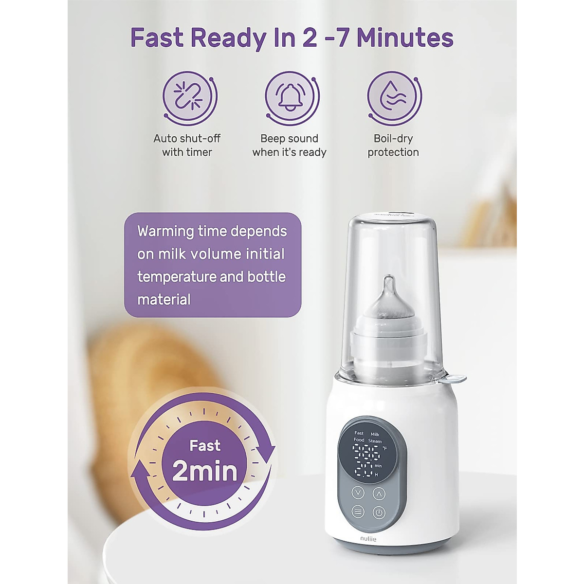 Nuliie Fast Bottle Warmer, 6-in-1 with Larger LCD Display Smart Temperature Control and Automatic Shut-Off, BPA Free Baby Bottle Warmer for Breastmilk or Formula