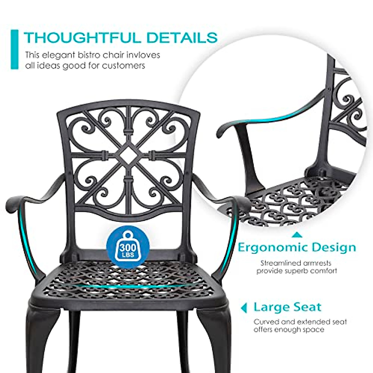 Nuu Garden 3 Piece Outdoor Bistro Table Set, All Weather Cast Aluminum Patio Bistro Sets Patio Table and Chairs Set of 2 with Umbrella Hole for Yard, Balcony, Black