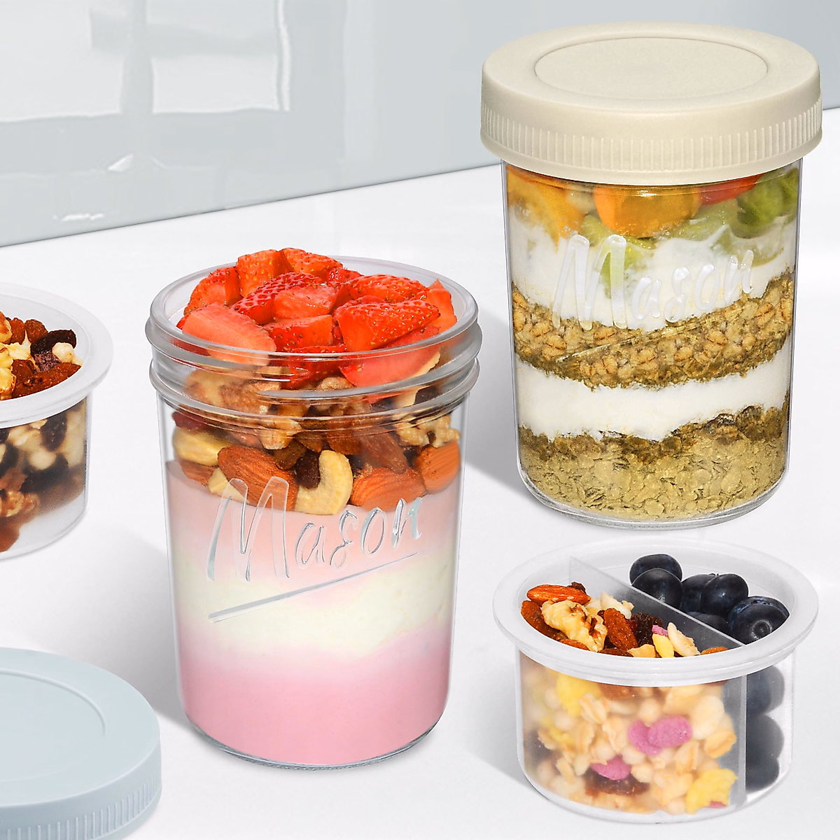 Xyptorix 16 oz Overnight Oats Containers with Lids, 4-Pack Leak-Proof Wide Mouth Mason Jars & Separate Compartments for Fruits/Nuts, Airtight Glass Jars for Chia Pudding, Yogurt, Parfait and Salad