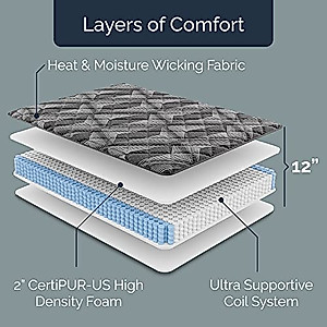Loosh Queen Size 12" Extra Firm Mattress Moisture Wicking Fabric, Cool Sleep - Inner Spring System & High-Density Foam Layers for Support & Comfort - CertiPUR-US Certified, Bed in Box