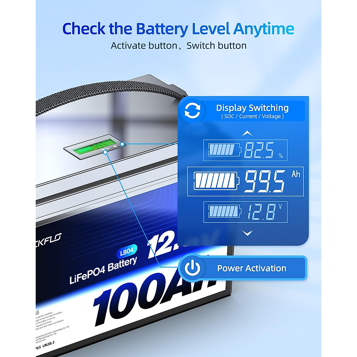 ShockFlo 12v 100Ah LiFePO4 Lithium Battery, Deep Cycle Lithium Iron Phosphate Battery, Built-in Superior BMS Protection, 15000+ Cycles Rechargeable Battery, APP Power Monitoring Perfect for RV, LB04