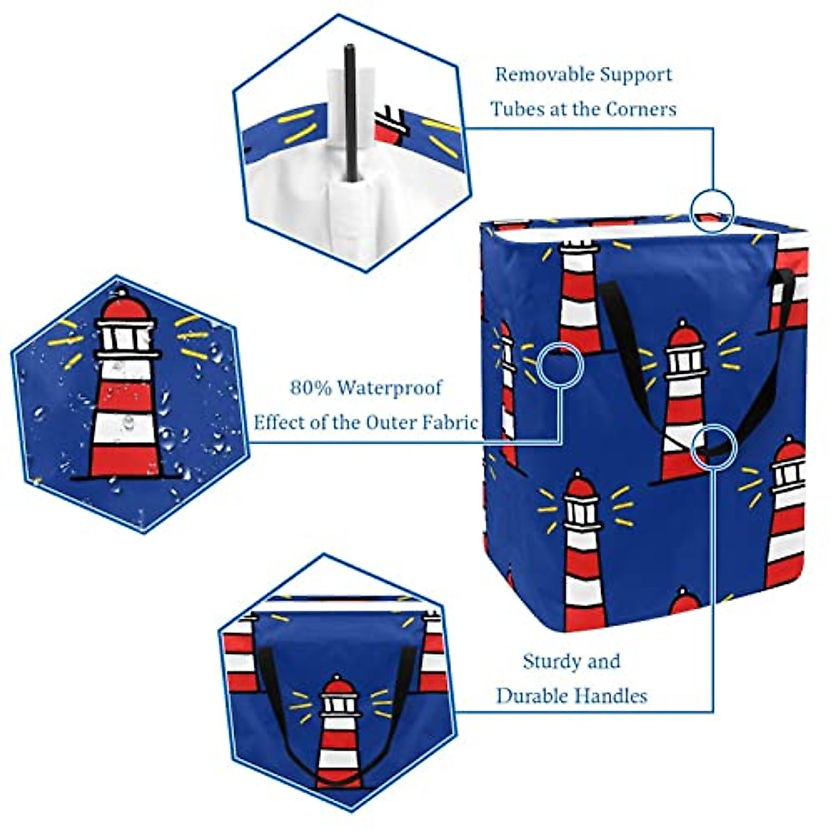 Lighthouse Doodle Pattern Print Collapsible Laundry Hamper, 60L Waterproof Laundry Baskets Washing Bin Clothes Toys Storage for Dorm Bathroom Bedroom