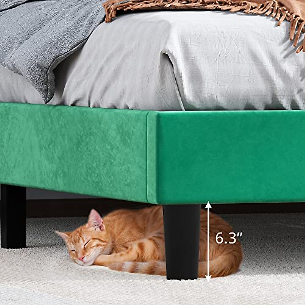 YITAHOME Queen Size Bed Frame, Green Upholstered Bed Frame with USB Ports, Vertical Channel Velvet Headboard Platform Bed Frame, No Box Spring Needed, Easy Assembly