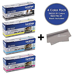 Brother TN227BK High Yield Black with Standard Yield Color TN223C, TN223M, TN223Y Cyan, Magenta and Yellow Toner Cartridge Set + InkSaver Microfiber LCD Screen Cleaning Cloth