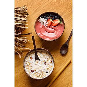 Vediverdi Coconut Bowl Set with Wooden Spoons and Forks, Reusable Bamboo Drinking Straws, and Cleaning Brushes, Natural Organic Shells for Soup, Cereal, Thai Noodles, Rice, and Food