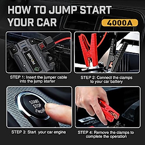 BRPOM Car Jump Starter, 4000A Peak 23800mAh (Up to 10.0L Gas or 8.0L Diesel Engine, 50 Times) 12V Auto Booster Battery Charger Jump Box with Quick Charger Smart Jump Cables