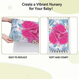 Rose Themed Fitted Crib Sheet,Standard Crib Mattress Fitted Sheet Soft & Stretchy Fitted Crib Sheet-Baby Crib Sheets for Girl or Boy,28“ x52“,Fuchsia Blue