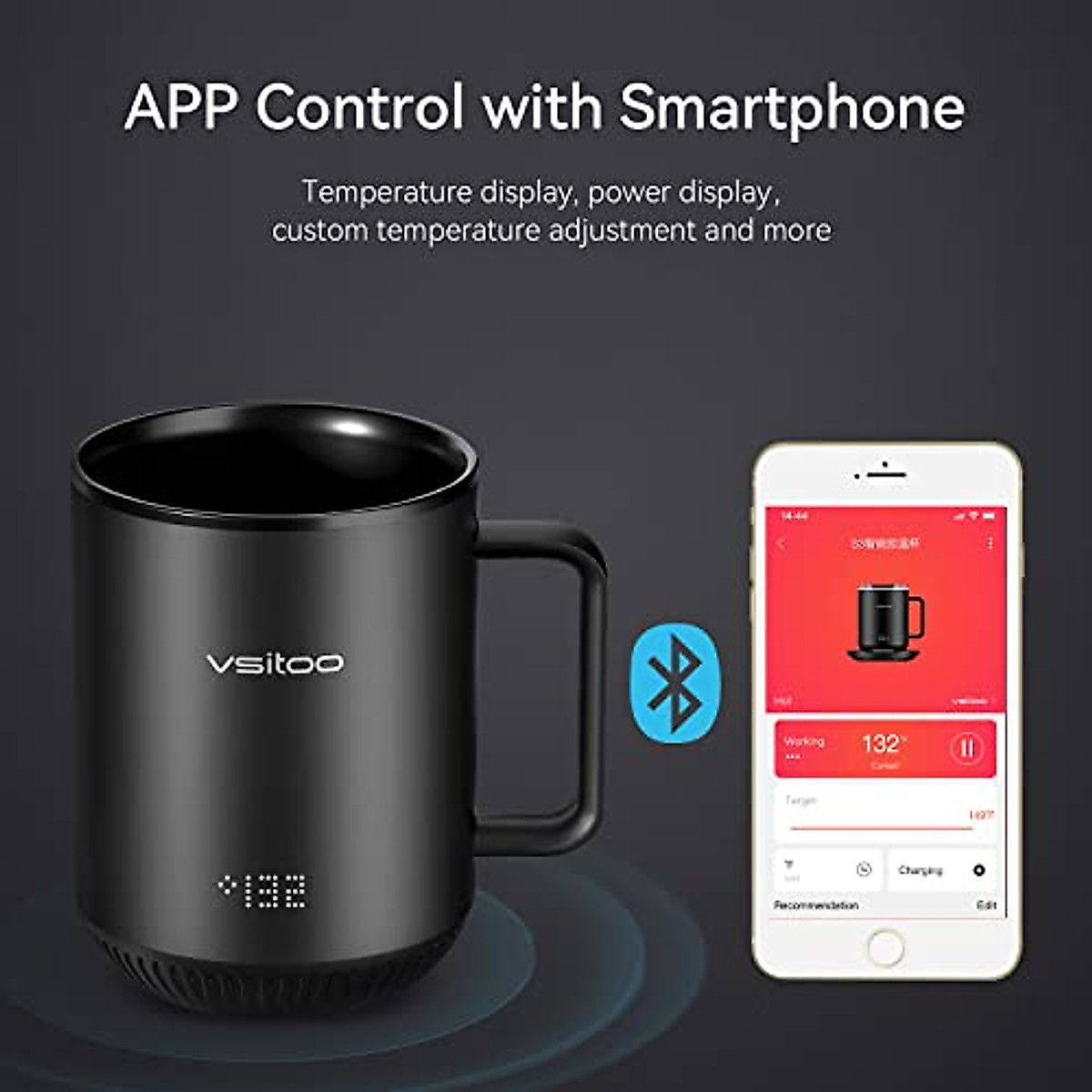 vsitoo S3 Temperature Control Smart Mug 2 with Lid, Self Heating Coffee Mug 10 oz, LED Display, 90 Min Battery Life - App&Manual Controlled Heated Coffee Mug - Improved Design, Coffee Gifts, Black