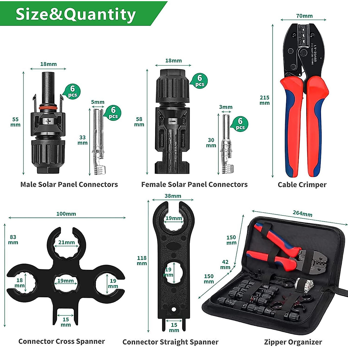 Oududianzi Solar Crimper Tool Kit for Solar Panel Cable Connectors 2.5/4.0/6.0mm², Including 1PCS Solar Crimper + 6 Pairs Solar connectors + 2PCS Spanner Wrench, Solar Wire Crimping Tool for PV Cable