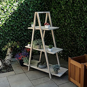 Alpine Corporation MBB168 Wood 3-Tier Triangular Storage Rack for Books, Plants, Decor, Rustic Display Rack with 3 Shelves