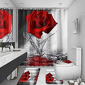 XVWJ 4PCS Water Red Rose Bathroom Shower Curtain Sets, Bathroom Sets with Shower Curtain and Rugs, Toilet Lid Cover Bath Mat, Waterproof Fabric Floral Shower Curtains with Bath Mat Sets