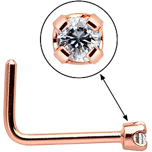 Body Candy 20 Gauge 1/4" at Bend 14k Rose Gold 1.5mm Diamond (0.015 cttw) L-Shaped Nose Ring Nose Stud