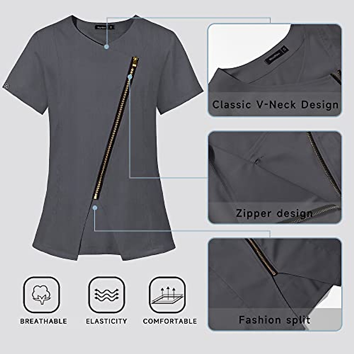 niaahinn Scrubs Top V-Neck with Zipper for Women Originals Women's Mecical Uniform Top (Grey,L,Large)