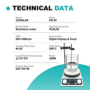 JOANLAB Digital Hotplate Magnetic Stirrer Hot Plate 200-1500rpm, 280℃/536℉,Probe Sensor & Support Stand Included,3000ml Lab Hot Plate Stirrer with Ceramic Coated