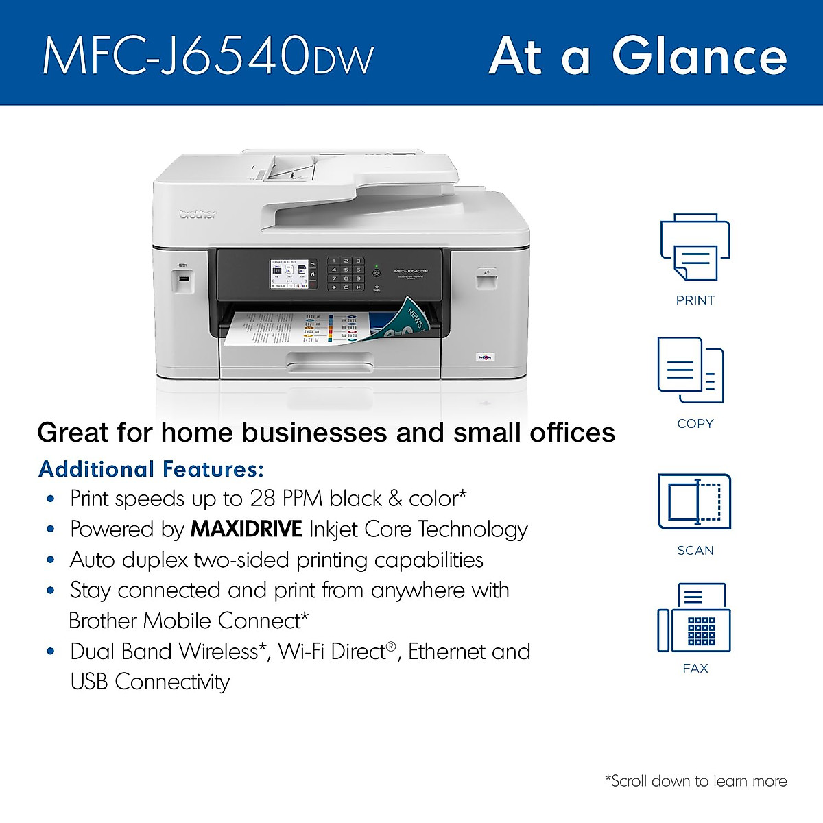 Brother MFC-J6540DW White Business Color Inkjet All-in-One Printer – Print, scan, Copy or fax up to 11”x17 (Ledger) Size Paper