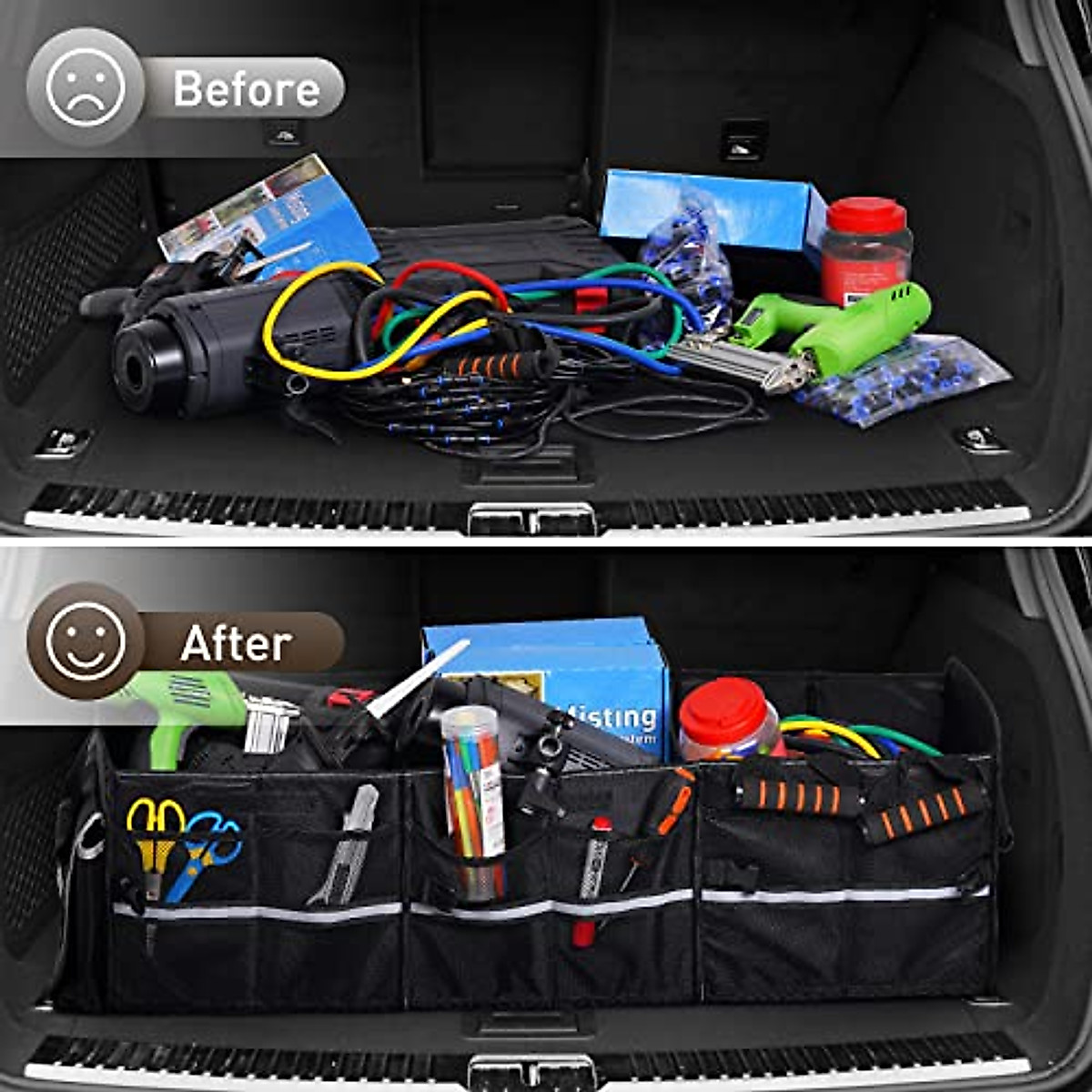 HIRALIY 4 in 1 Car Trunk Storage Organizer, Multi Compartment Collapsible Trunk Storage Box with Leakproof Insulated Bag for Car Truck SUV