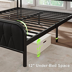 Feonase Leather Queen Bed Frame with Fast Charging Station,Queen Size Metal Platform Beds with Upholstered Headboard & Footboard,12" Underbed Storage Space,Easy Assembly,Noise-Free,Black