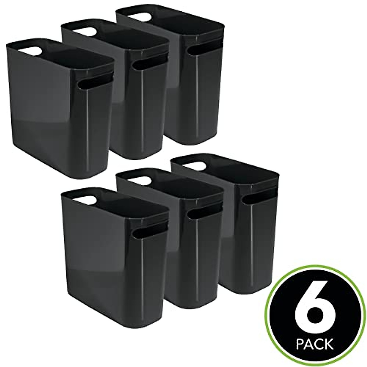 mDesign Plastic Small Trash Can, 1.5 Gallon/5.7-Liter Wastebasket, Narrow Garbage Bin with Handles for Bathroom, Laundry, Home Office - Holds Waste, Recycling, 10" High, Aura Collection, 6 Pack, Black